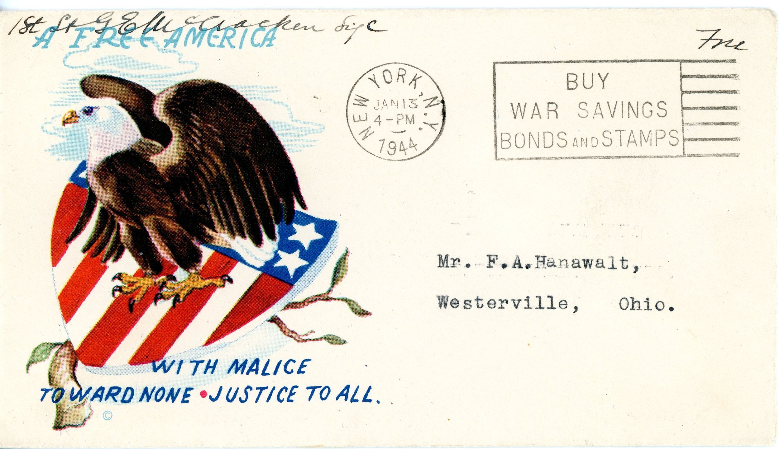 1944 US World War II Patriotic Cover "A Free America With Malice Toward ...