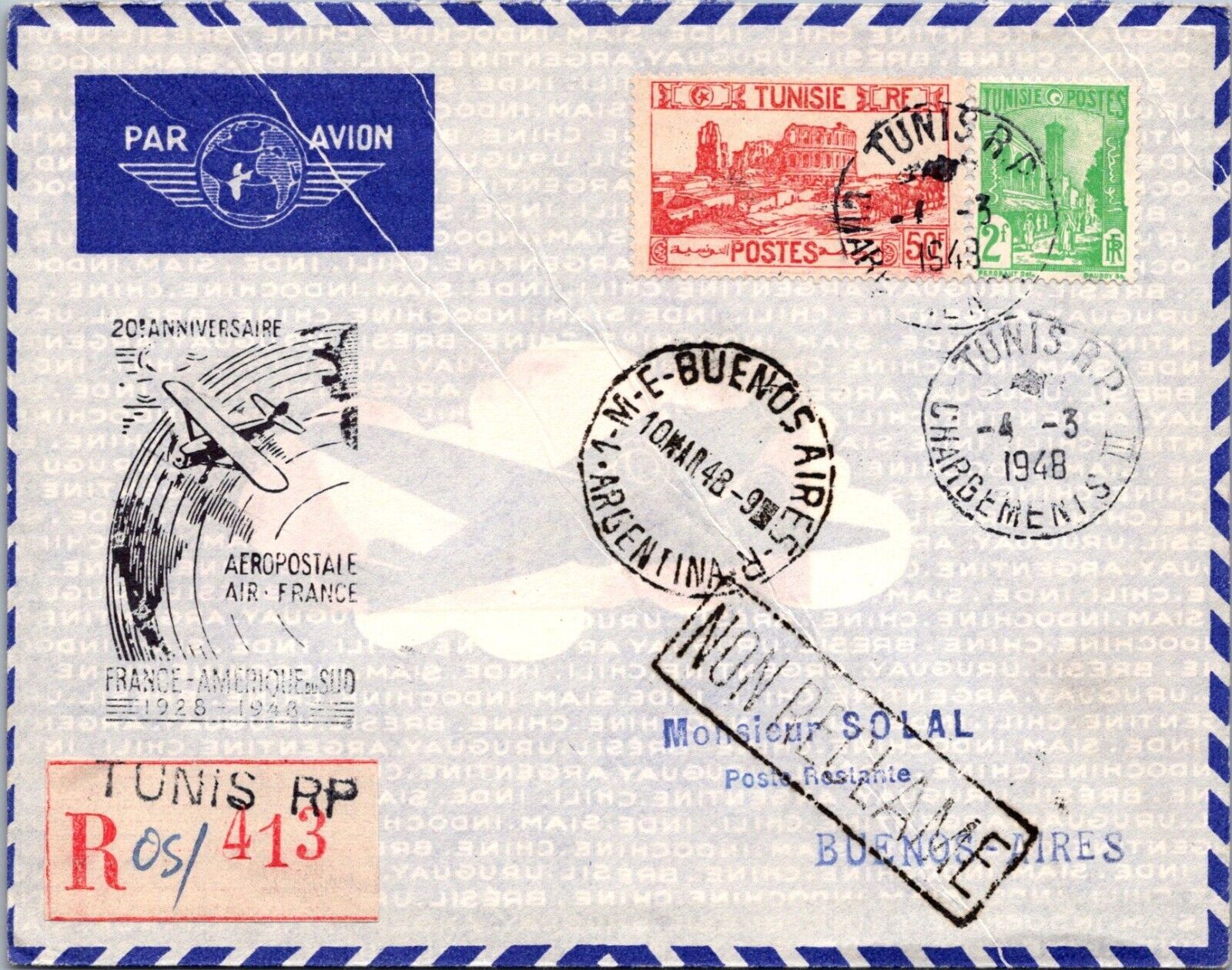 Tunisia FFC 1948 - Air France / Registered Mail - Tunis To Buenos Aires ...