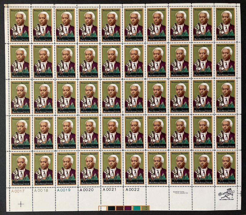 Scott 1804 BENJAMIN BANNEKER Sheet of 50 US 15¢ Stamps 1980 NH, Selvage ...
