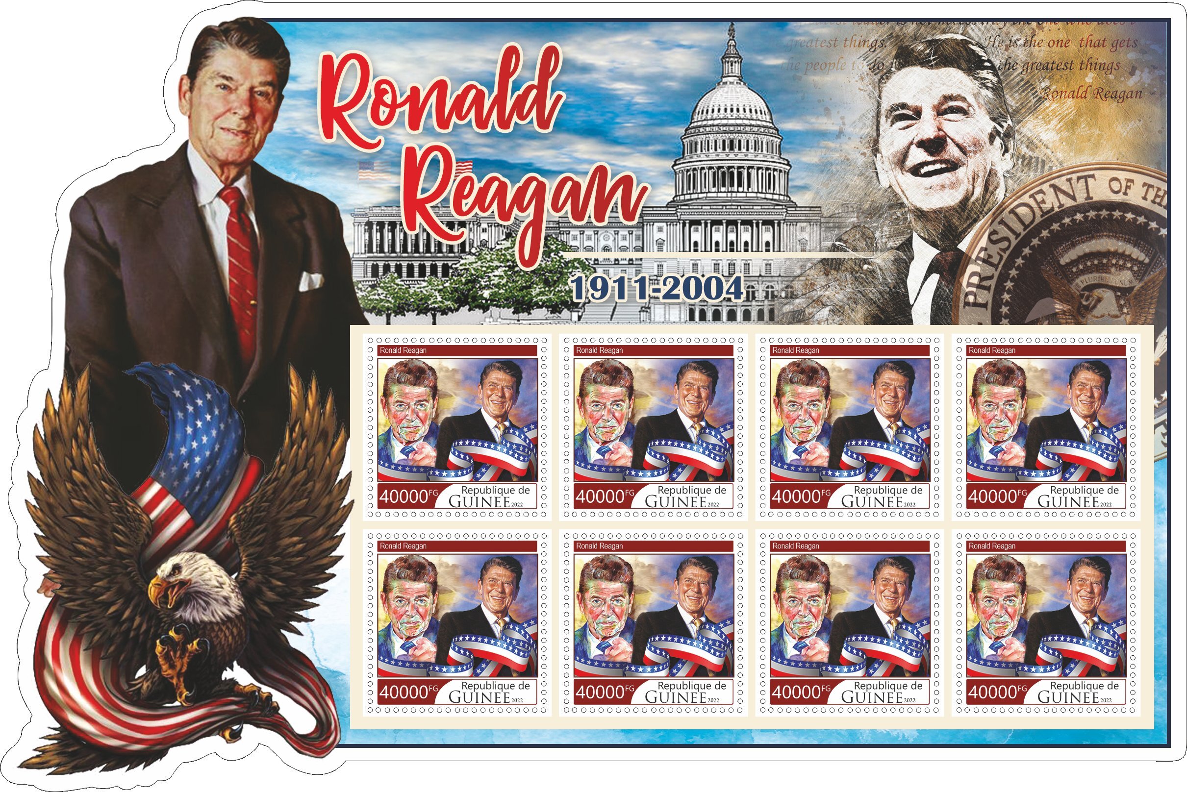 Stamps. Famous People Ronald Reagan 6 sheet perforated 2022 year Guinea ...