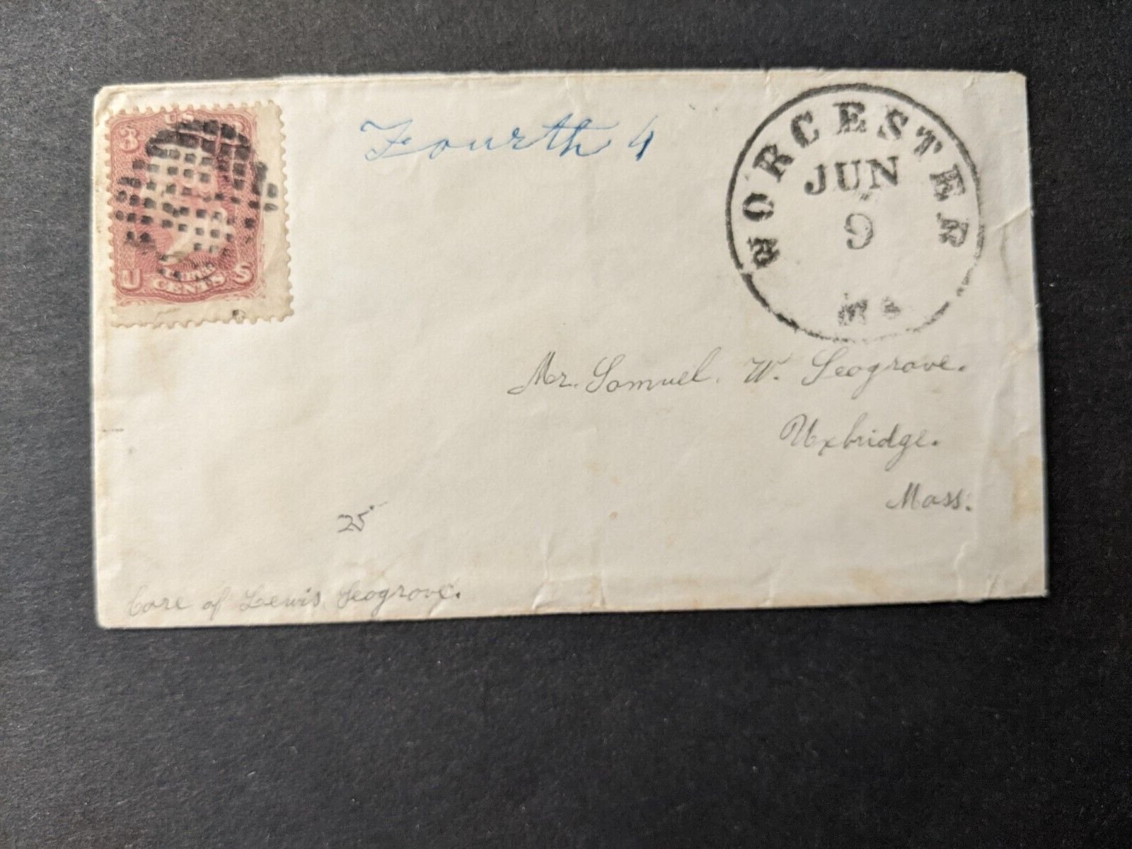1860's WORCESTER to UXBRIDGE, MASS Postal History Cover #65 (or a ...