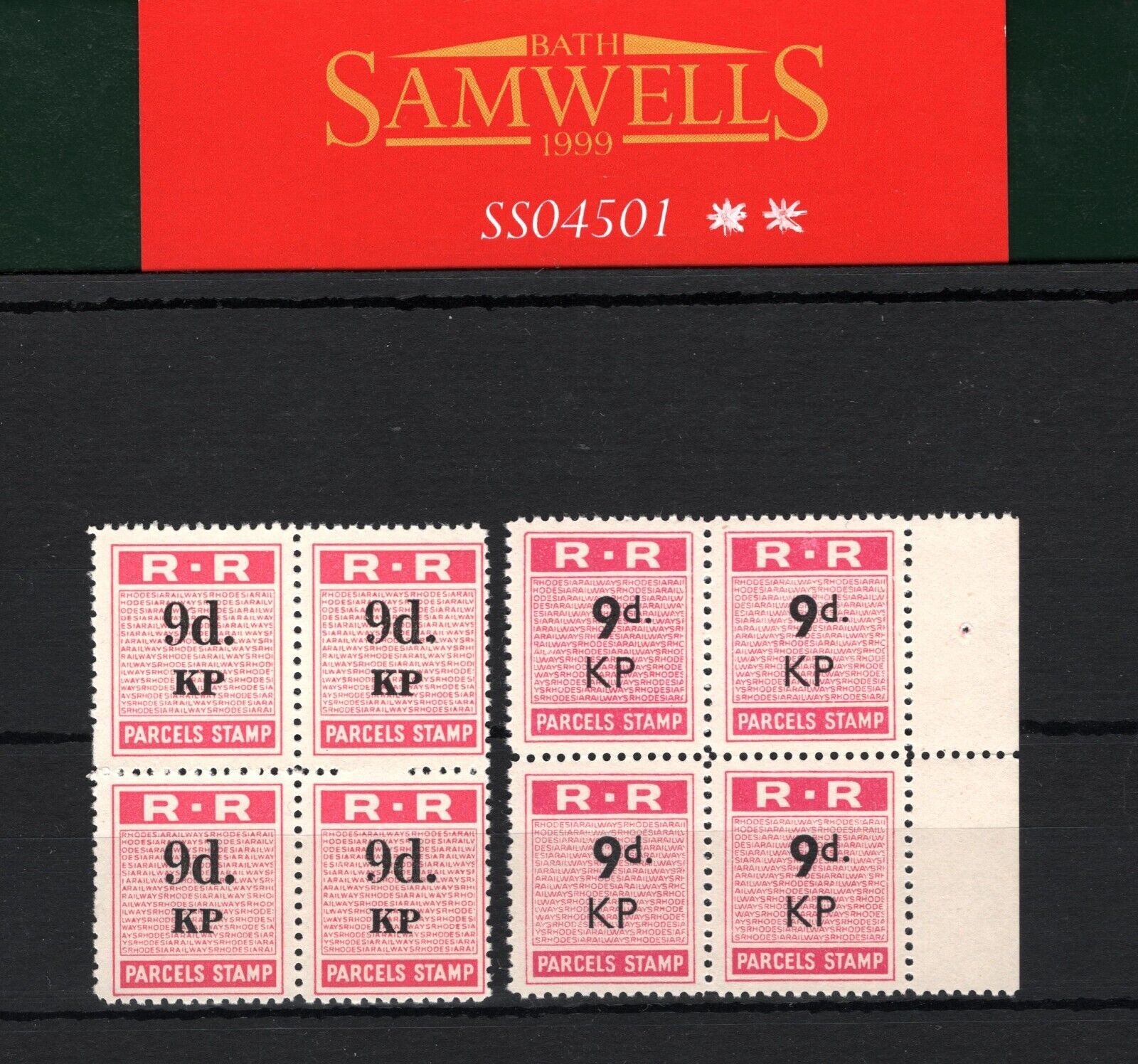 RHODESIA RAILWAYS Parcels Two Blocks of Four 9d *KP* Overprints Mint ...