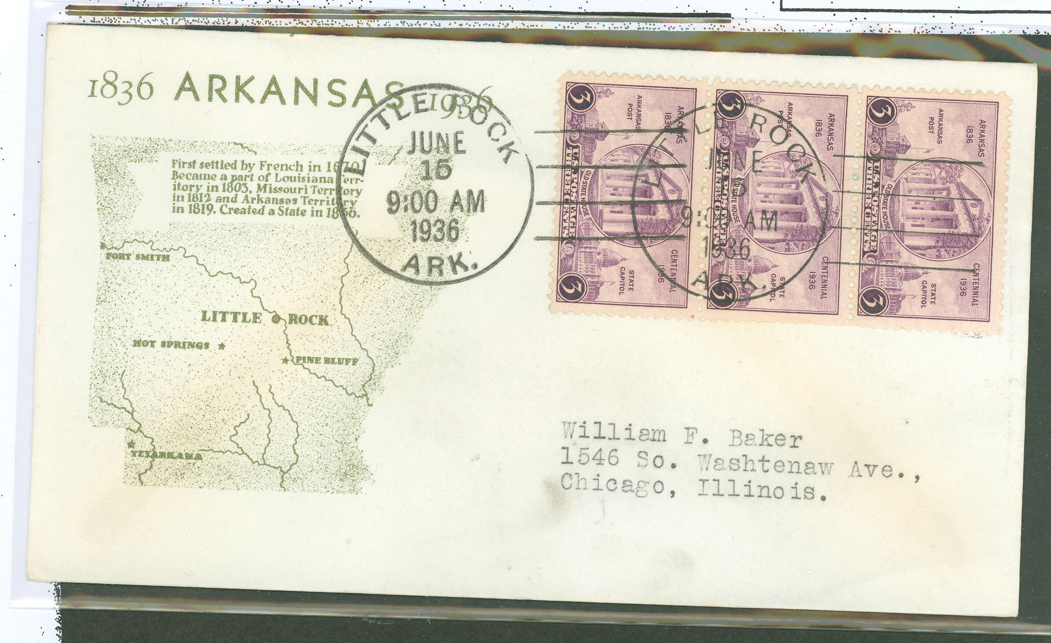 US 782 1936 3c Arkansas Statehood/100th Anniversary , strip of three ...