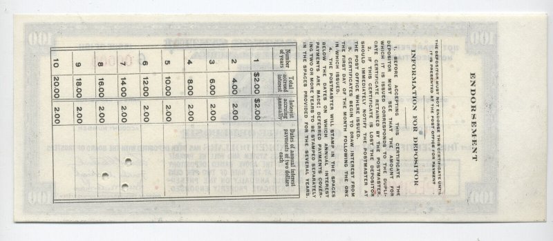 $100 series of 1911 postal savings certificate SPECIMEN [6250.2 ...