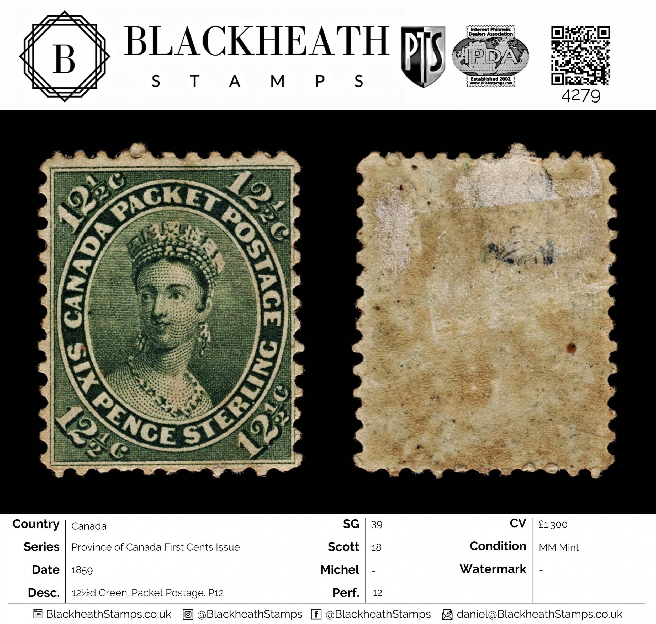 4279: Canada SG39 12½d Green. Packet Postage. P12. 1859. Sc#18 MM Mint ...