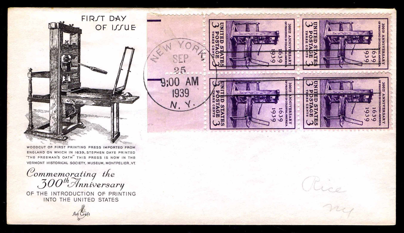 1939 US.#857 300th Anniversary of Printing in the U.S. - Cv$15.00 (Esp ...
