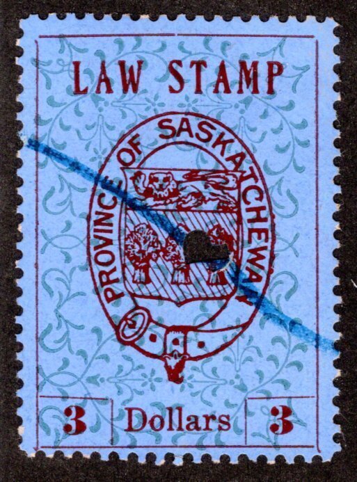 van Dam SL20, Used, $3, brown on blue, 1907, Saskatchewan Law, Canada ...