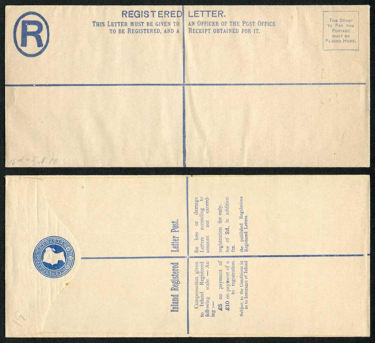 RP15 QV 2d Blue Registered Envelope Serif Text 5 to 10 on back Size H2 ...