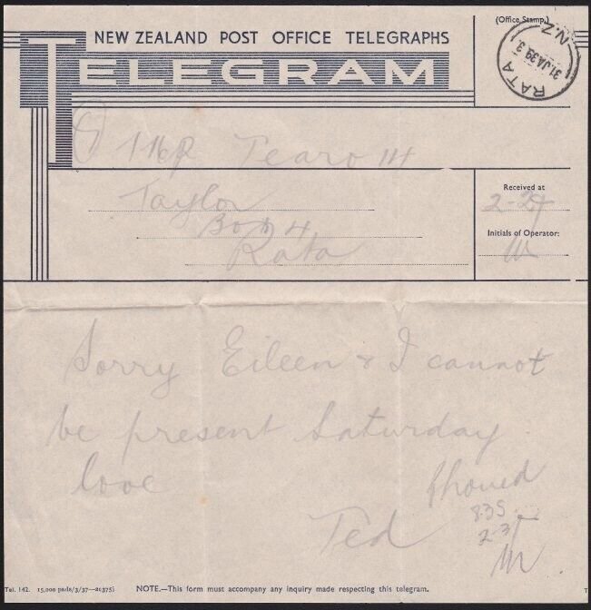 NEW ZEALAND 1939 PO Telegram form used with RATA cds ...