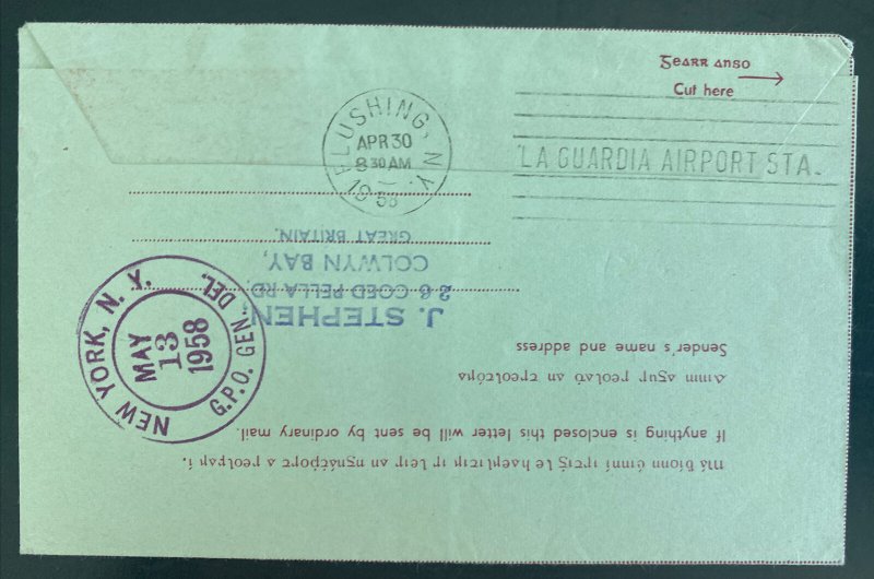 1958 Dublin Ireland Air Letter First flight Cover to New York USA ...