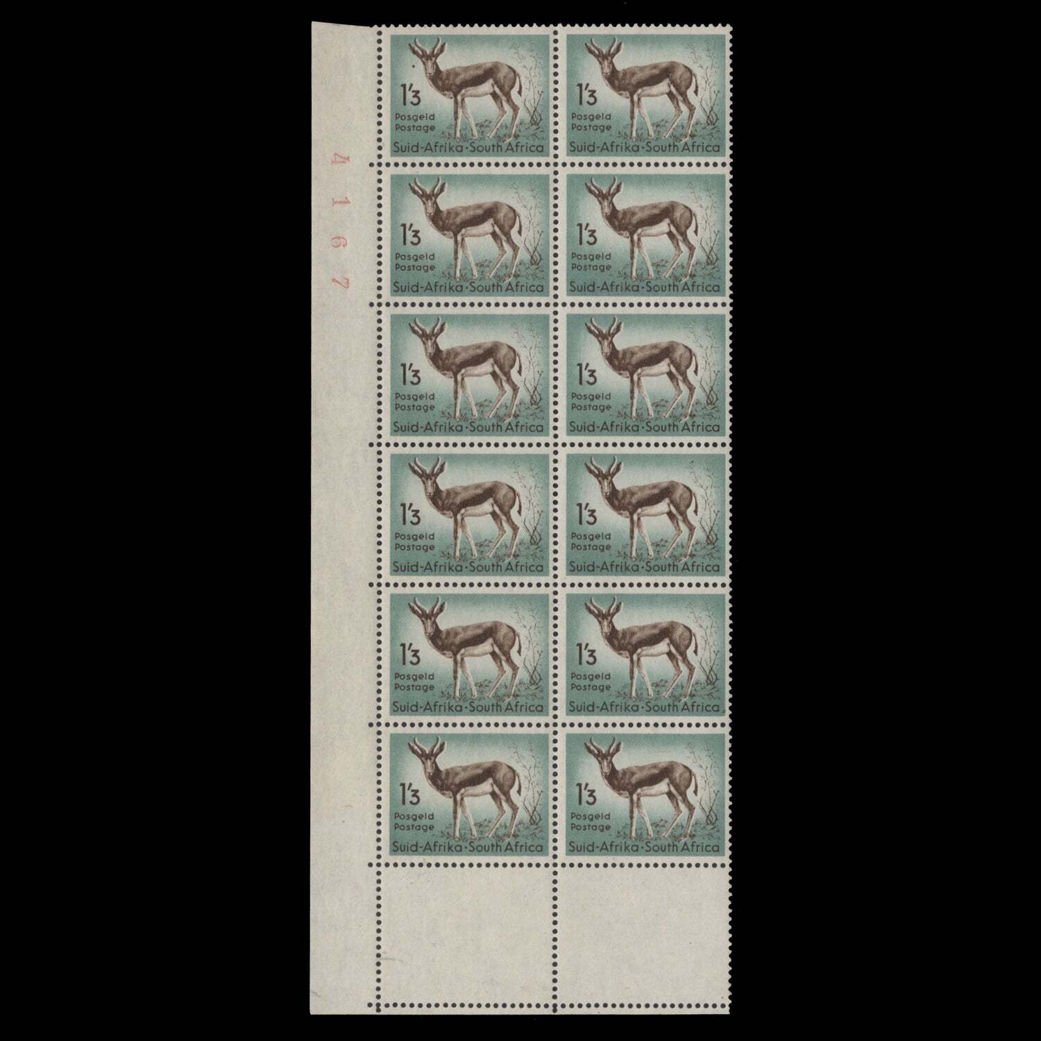 South Africa 1954 (MNH) 1s3d Springbok sheet number block | Africa ...