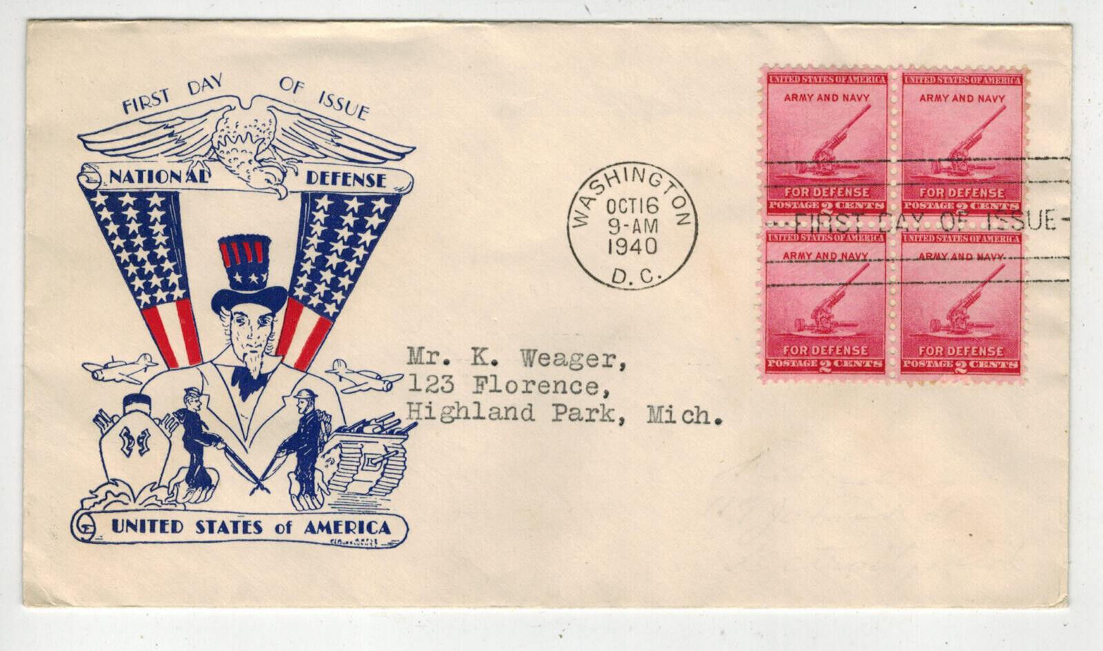 Patriotic FDC 1940 NATIONAL DEFENSE ARMY NAVY 900-12 Burroughs Block of ...