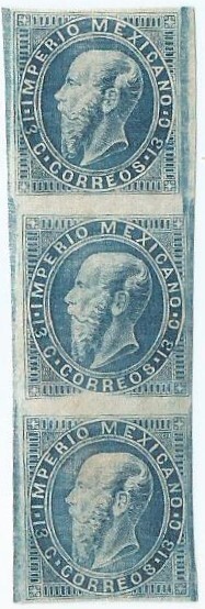 J) 1866 MEXICO, EMPEROR MAXIMILIAN, BLOCK OF 3, VERTICAL STRIP ...