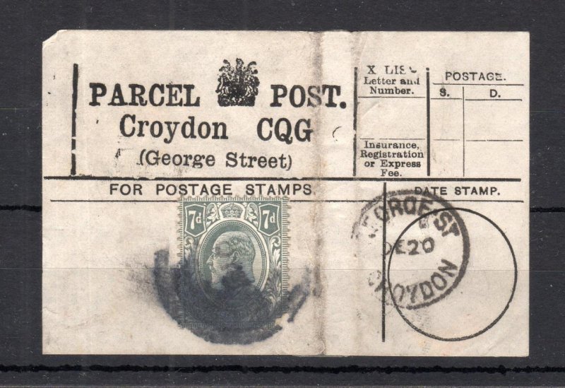 Edward VII 7d on Parcel Post Label (Croydon, George Street) [Repaired ...
