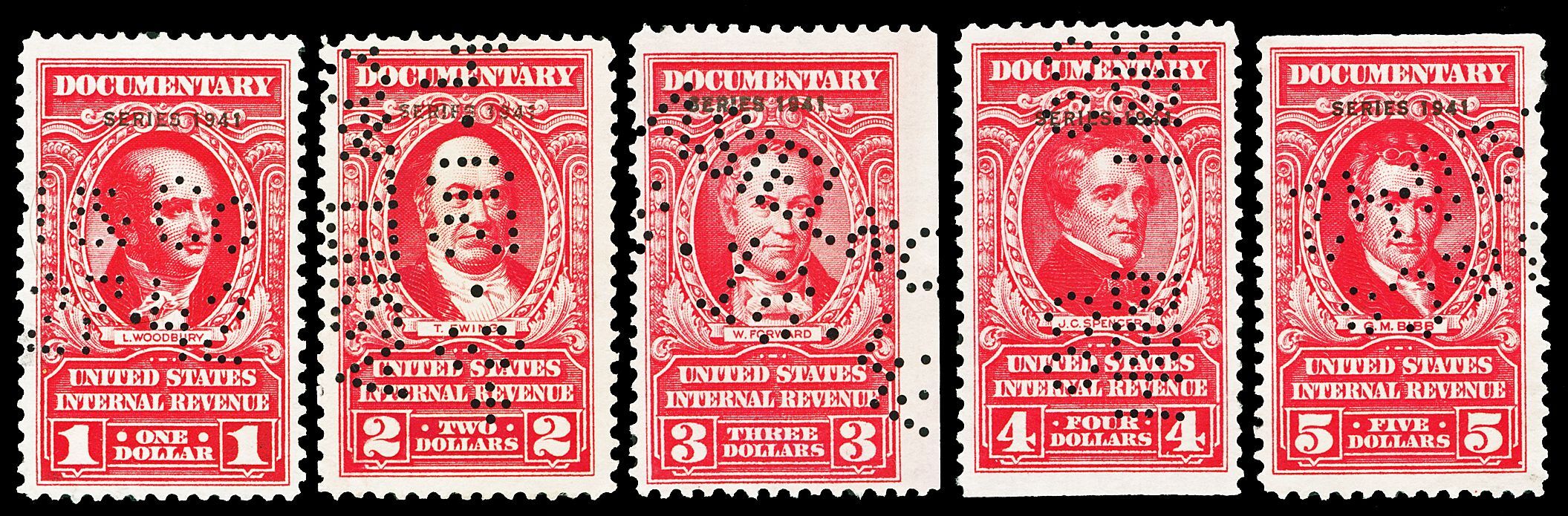 Scott R323-R327 1941 $1.00-$5.00 Dated Red Documentary Revenues Used F ...