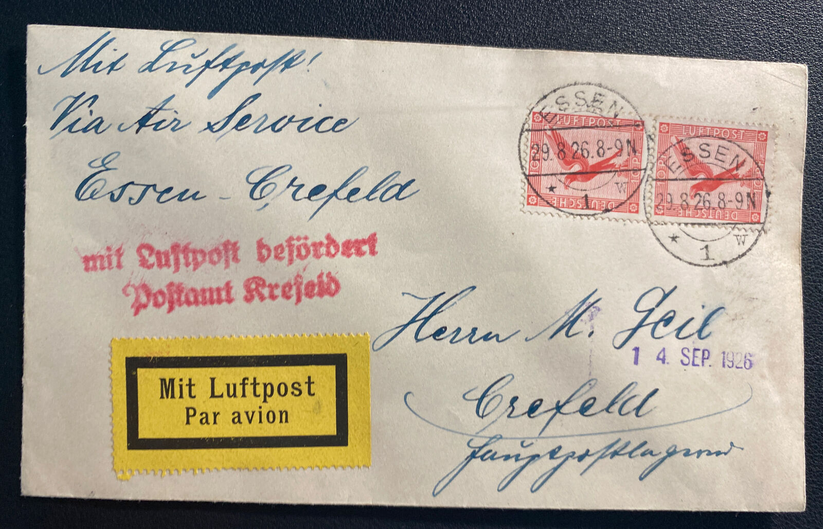 1926 Essen Germany Early Airmail First Flight Cover FFC to Crefeld ...