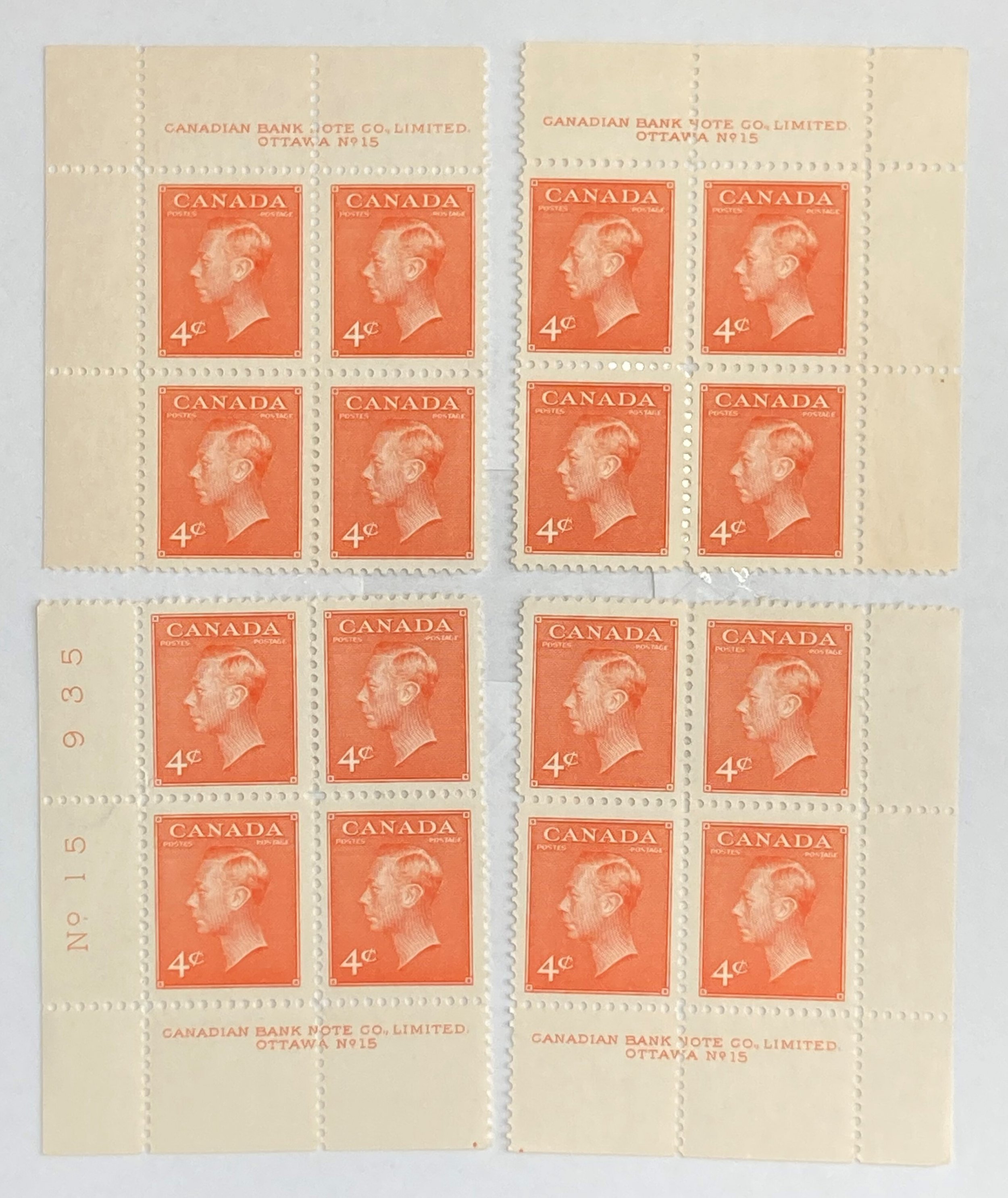 CANADA #306 GVI with "Postes-Postage" Set of 4 Plate Blocks (#15) MNH ...