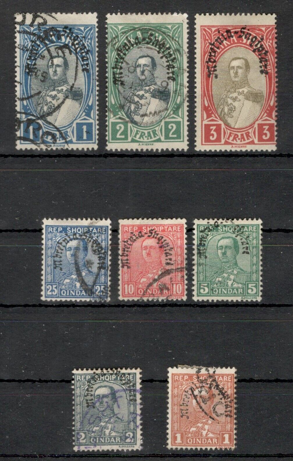 Albania - 7 Used Stams + ONE MH Stamp (3Fr), King ZOG - Overprint ...