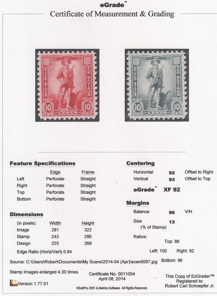 #WS7 10 cents Minute Man Stamp mint OG NH EGRADED XF 92 XXF | United ...