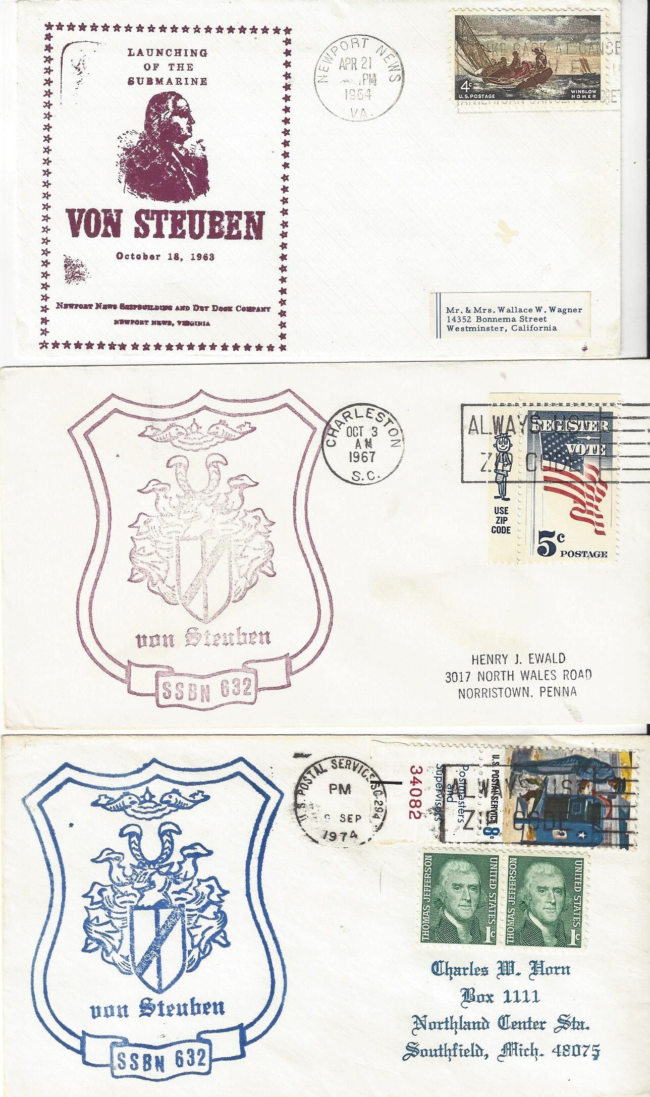 US Navy Covers USS Von Steuben SSBN 632 1964 Launching, 1967, 1974 ...