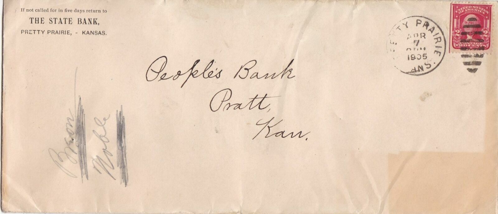United States The State Bank Kansas 1905 to Peoples Bank Stamp Cover ...