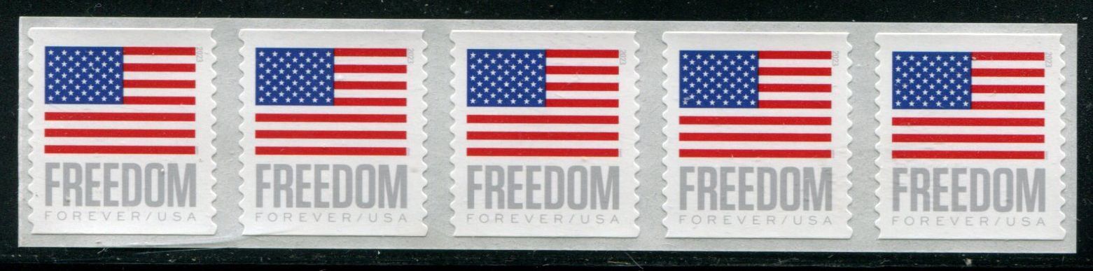 5789 US (63c) Freedom Flag SA BCA spaced coil strip/5, MNH w/center ...
