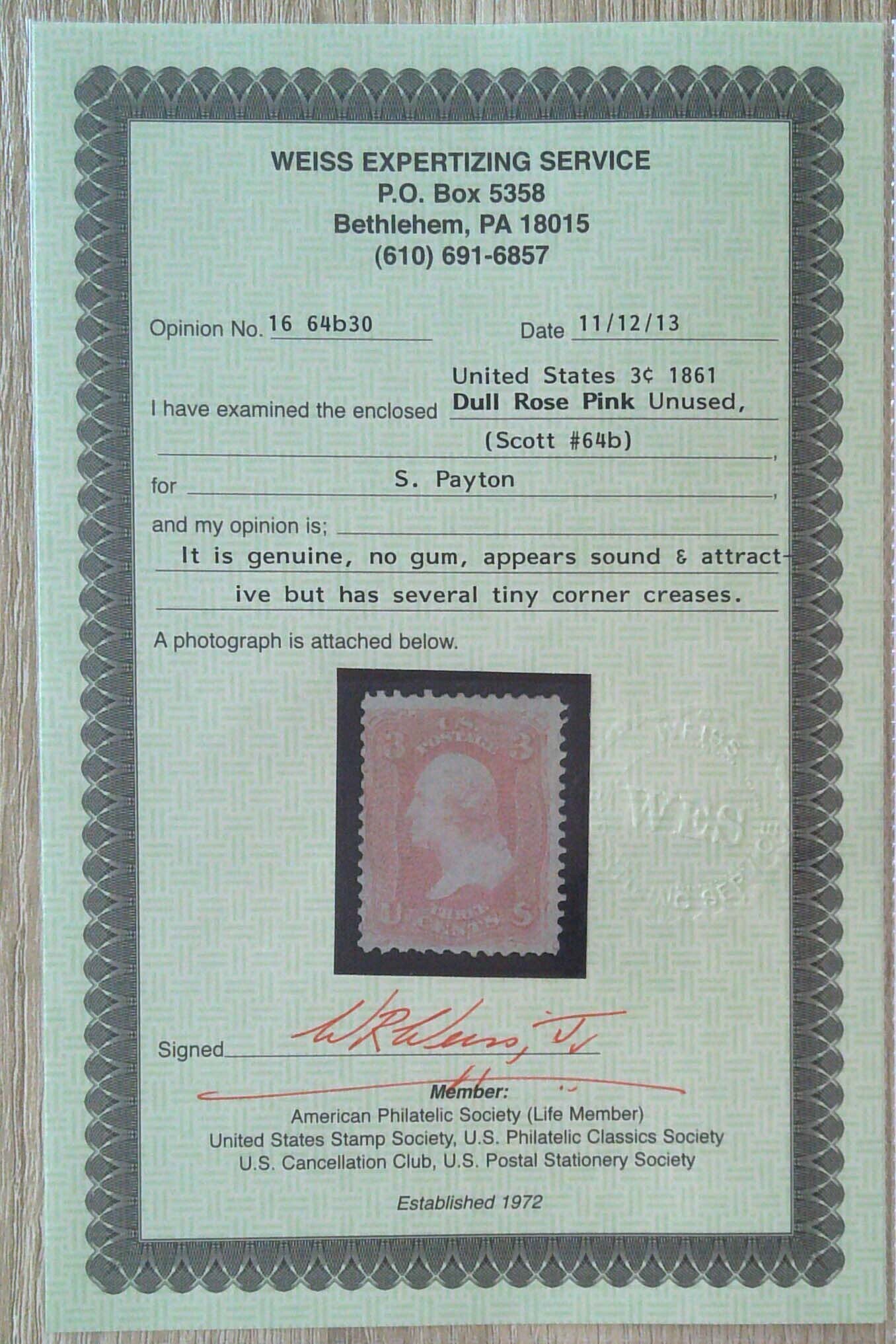 Scott #64b - 3c Dull Rose Pink - Washington - NG with Weiss cert - 1861 ...