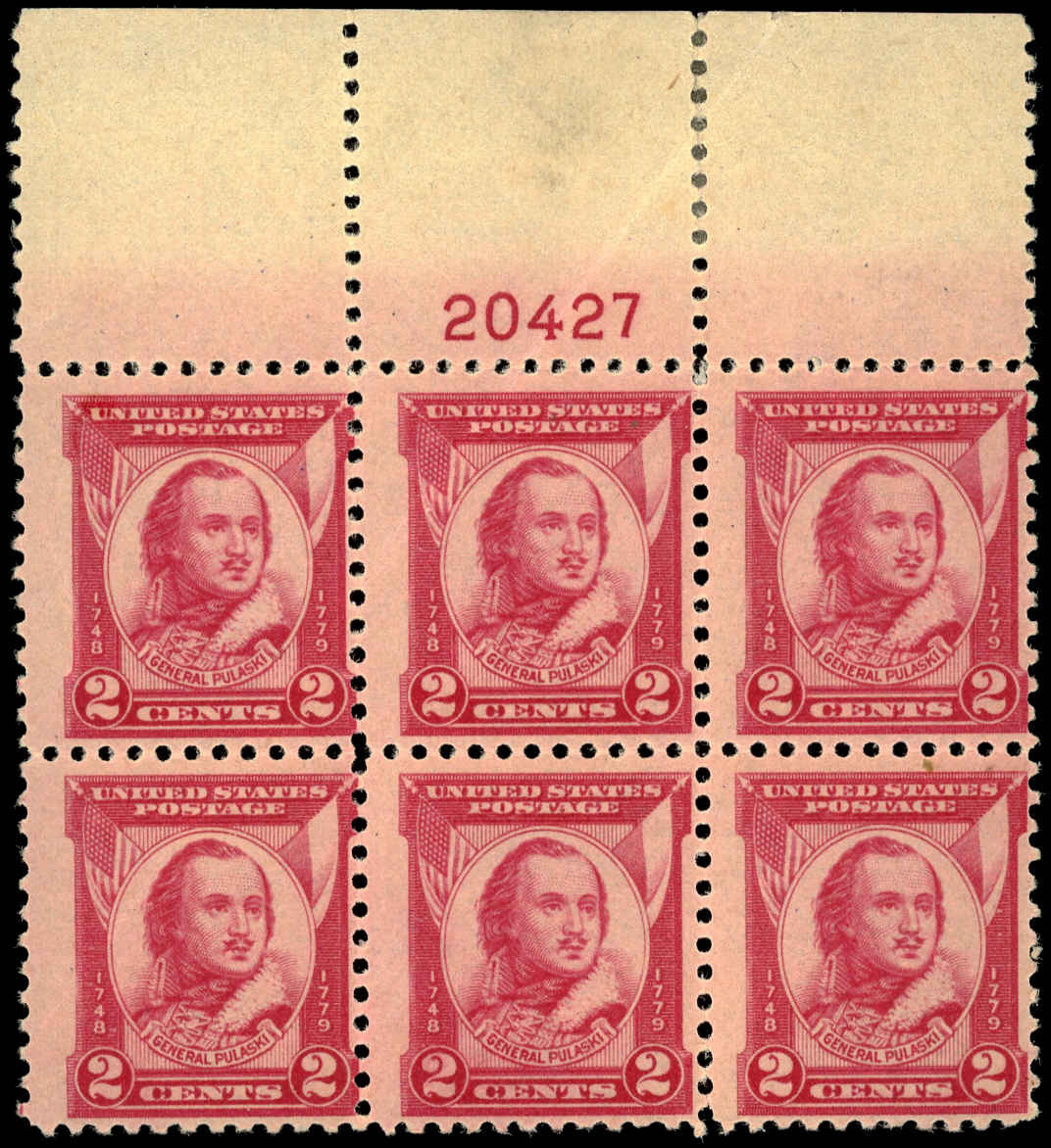 US Sc 690 MNH/MH PLATE BLOCK of 6 - 1931 2¢- Gen. Casimir Pulaski - See ...