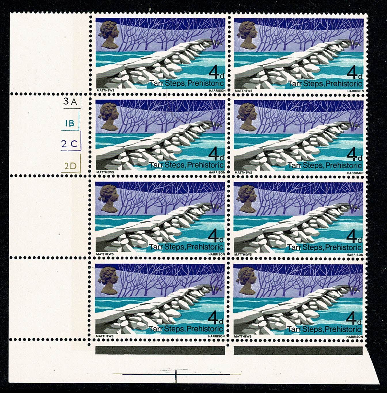 GB 1968 Bridges 4d Cyl. 3A 1B 2C 2D no dot block of eight. | Great ...