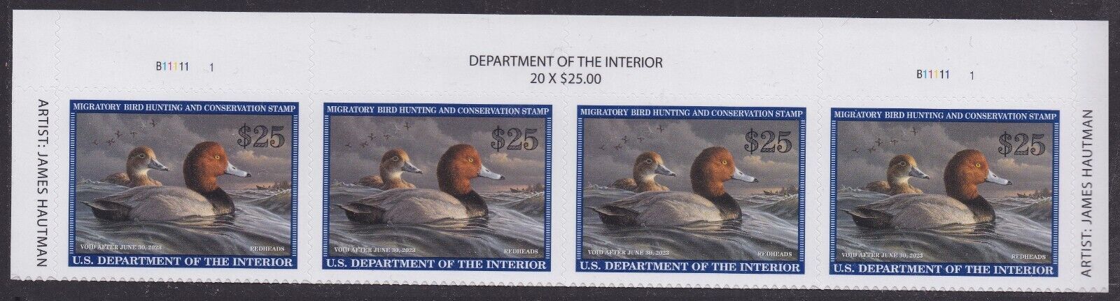 US RW89 Migratory Birds Redhead Duck $25 header plate strip (4) MNH ...