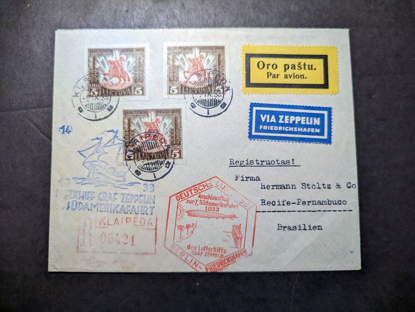 1933 Registered Lithuania Airmail Zeppelin Cover Klaipeda to Recife ...