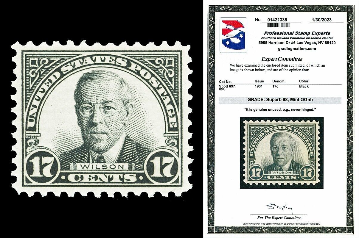 Scott 697 1931 17c Wilson Issue Mint Graded Superb 98 NH with PSE CERT ...