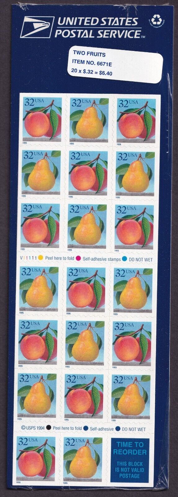 Scott #2494a Two Fruits (Peach And Pear) Booklet of 20 Stamps - MNH ...