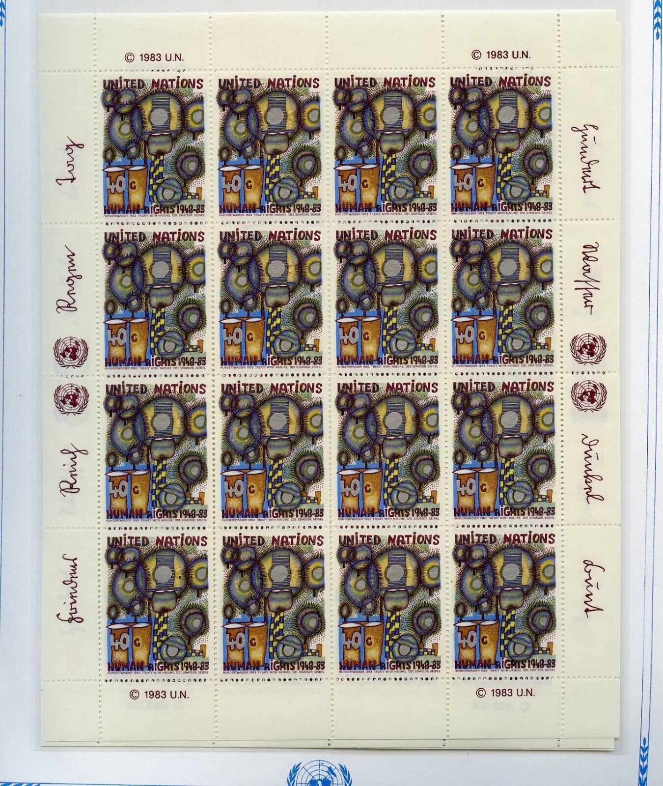 United Nations Hundertwasser Miniature Sheets Complete NY Vienna Geneva ...