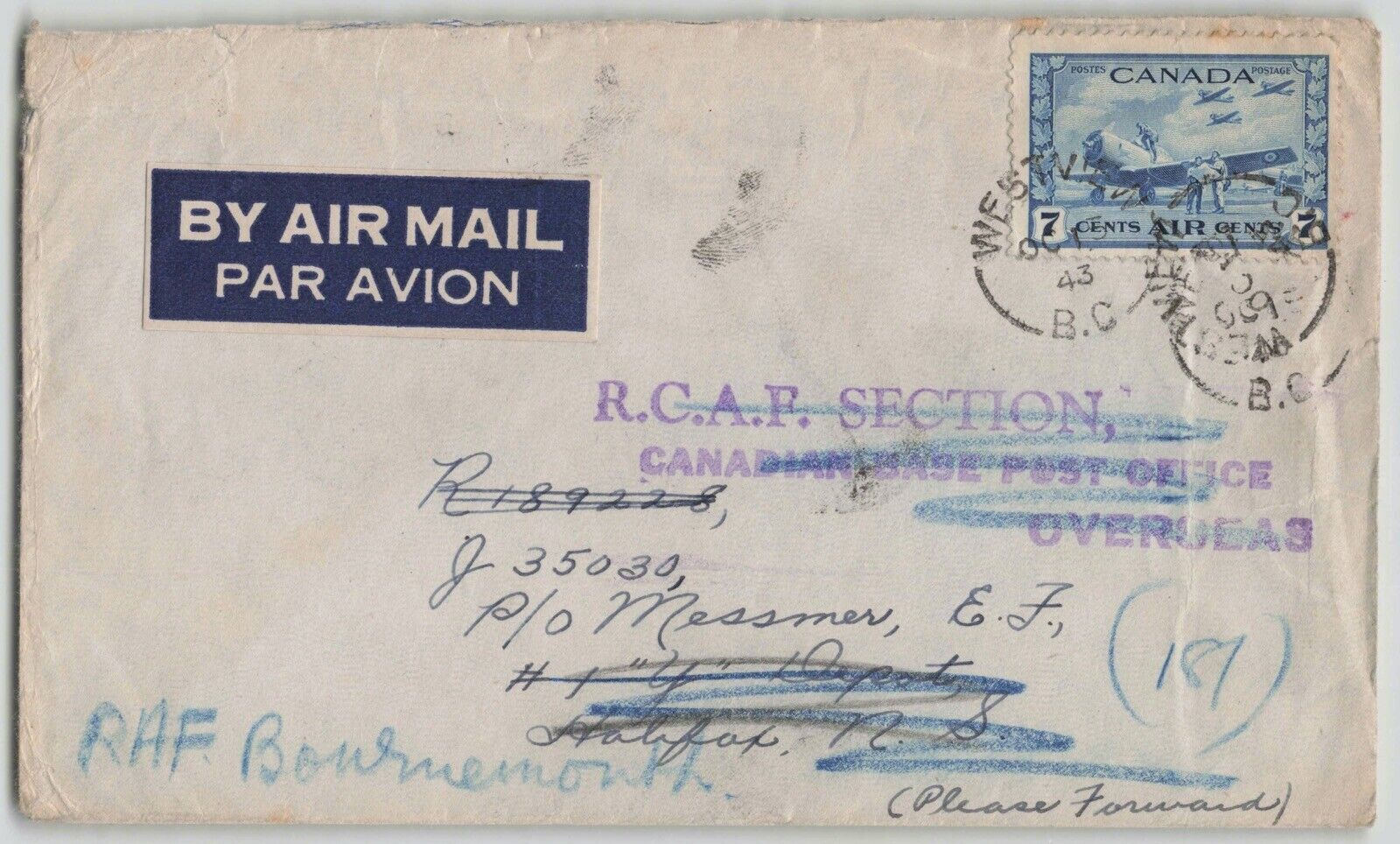 Canada 1943 WWII Westview BC RCAF Section RAF Bournemouth Cover Halifax ...