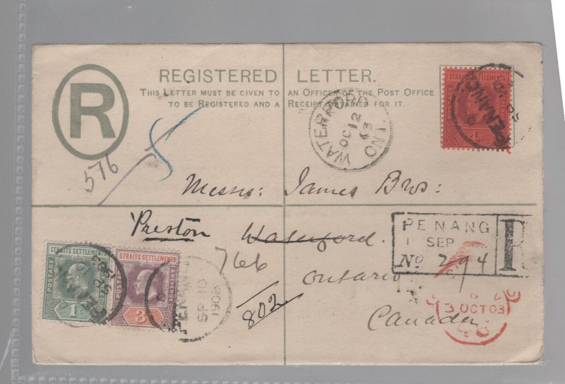 STRAITS SETTLEMENTS registered letter 1903 RPO backstamps to Ontario ...