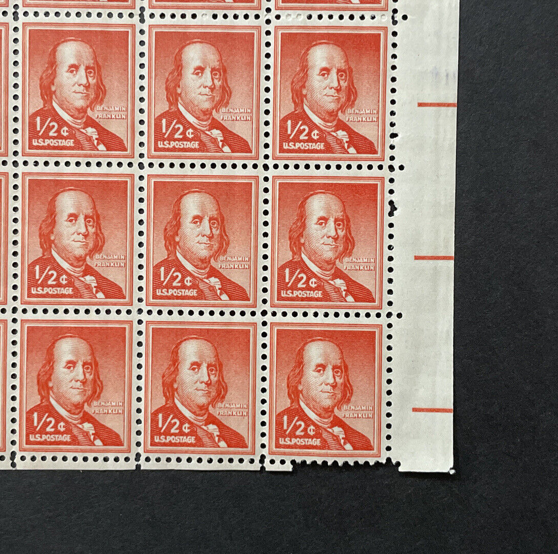 Scott 1030 BENJAMIN FRANKLIN Sheet of 100 US 1/2¢ Stamps 1958 NH ...