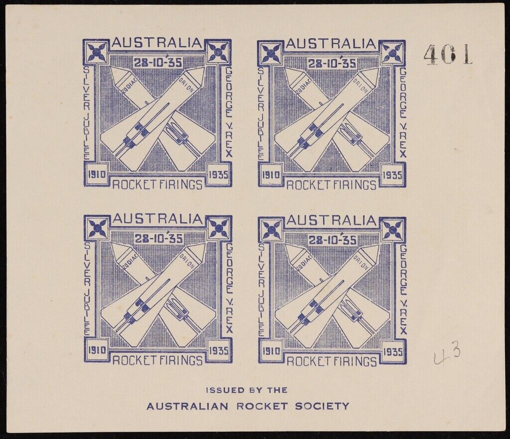 AUSTRALIA 1935 Rocket Mail KGV Silver Jubilee blue vignette block ...