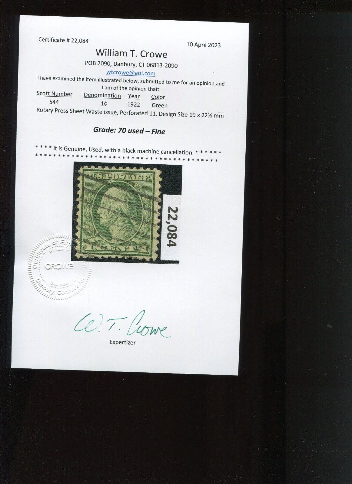 544 Washington Coil Waste Used Stamp with Crowe Cert (BZ 1288) | United ...