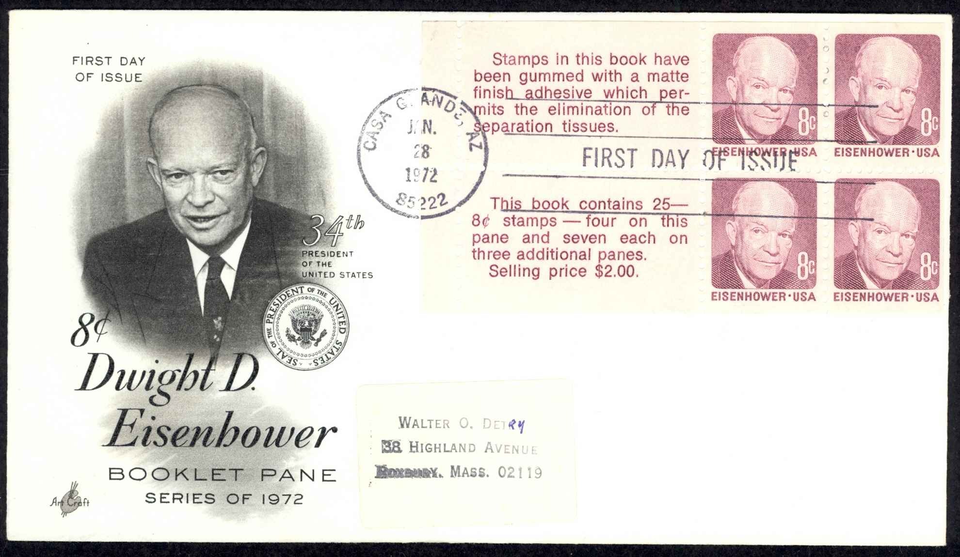 USA Sc# 1395c (ArtCraft) FDC Booklet Pane/4 (c) Casa Grande, AZ 1972 ...