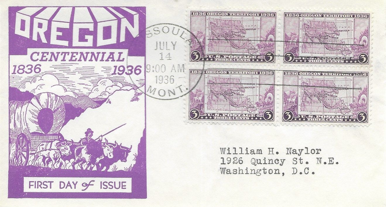 1936 FDC, #783, 3c Oregon Territory Centennial, WSE/Dyer, block of 4 ...