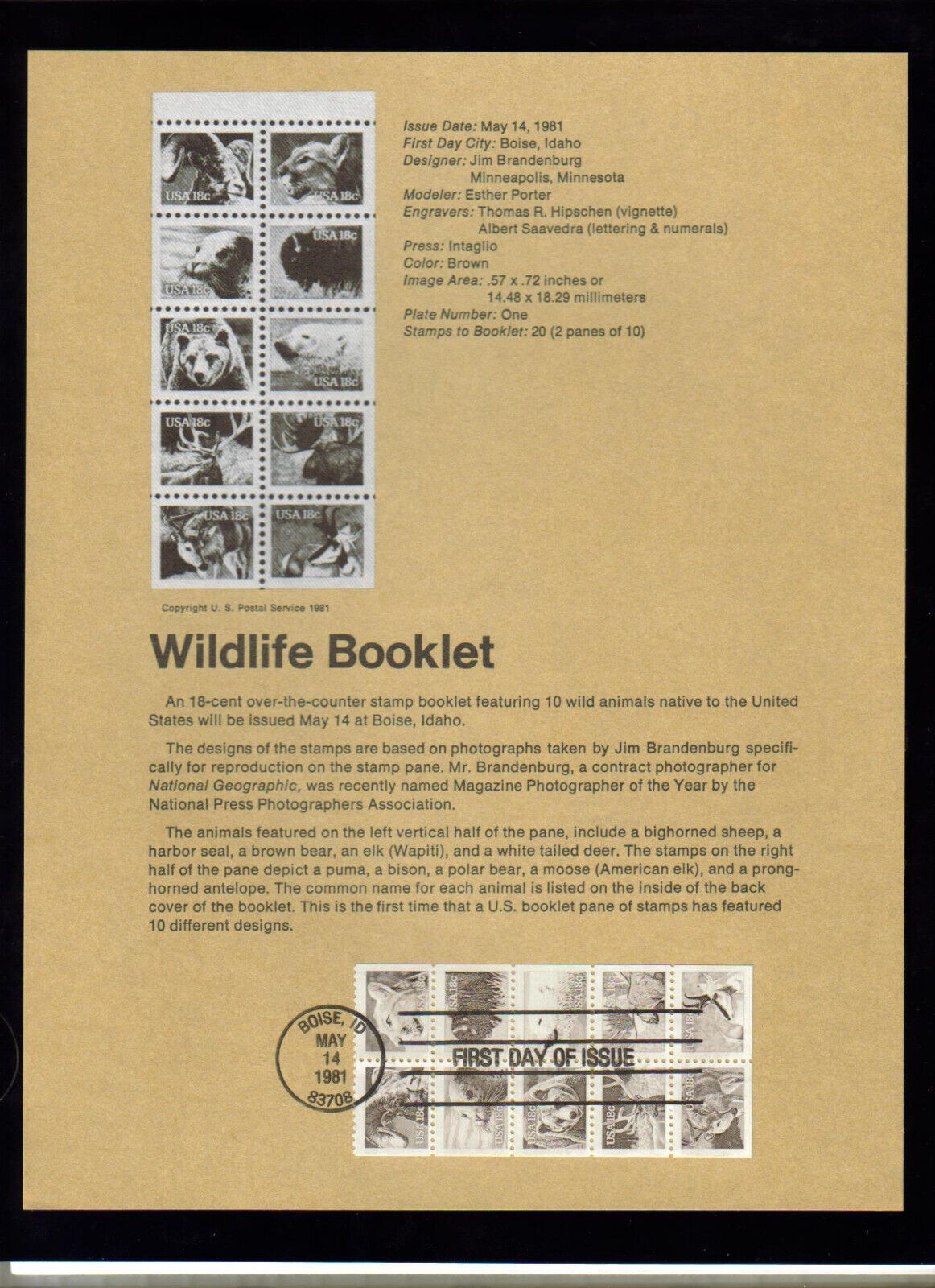 USPS Souvenir Page Scott 1880-1889, Wildlife pane of 10 from Booklet ...