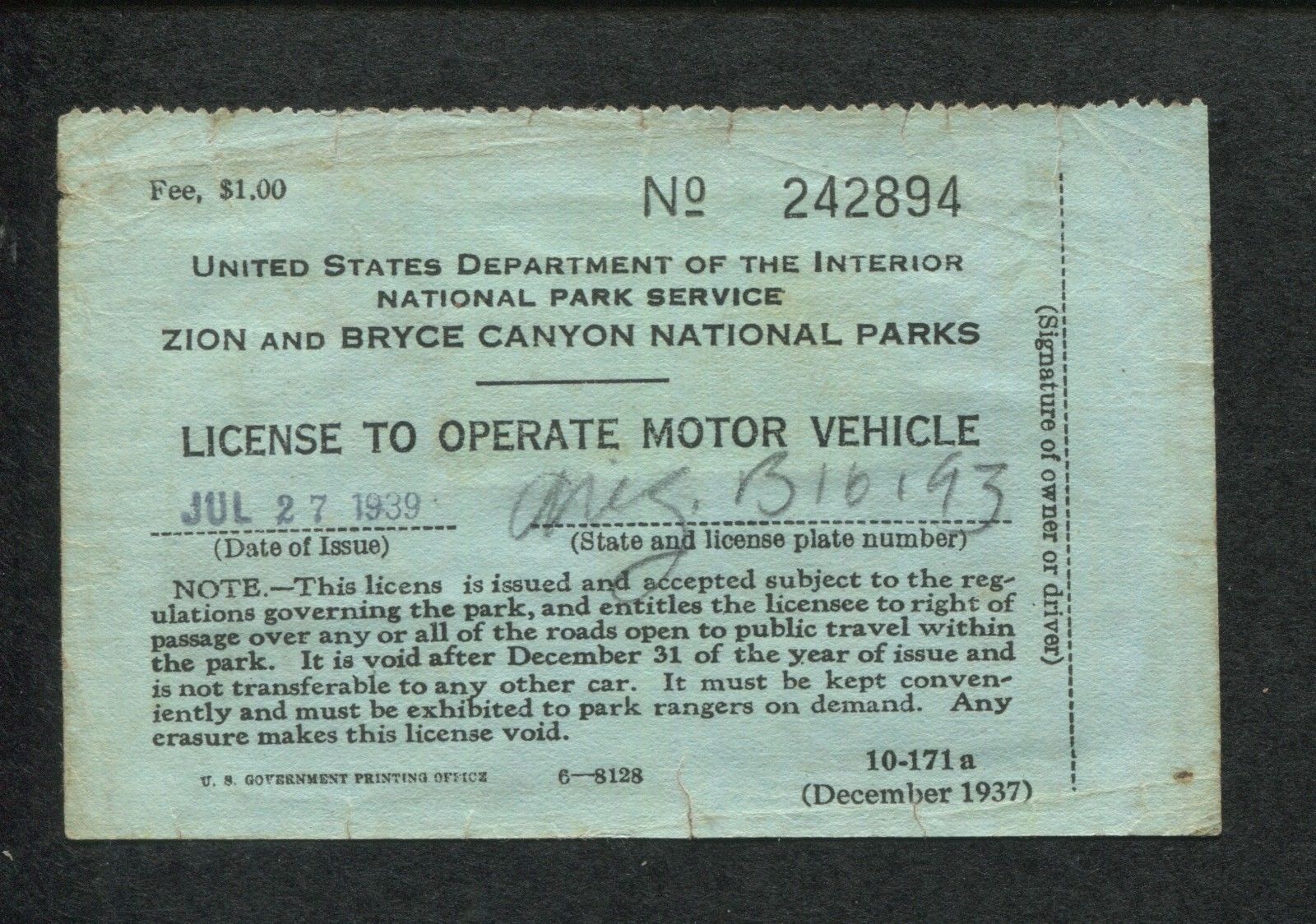 1939 US Department of Interior National Park Service Trailer Permit ...