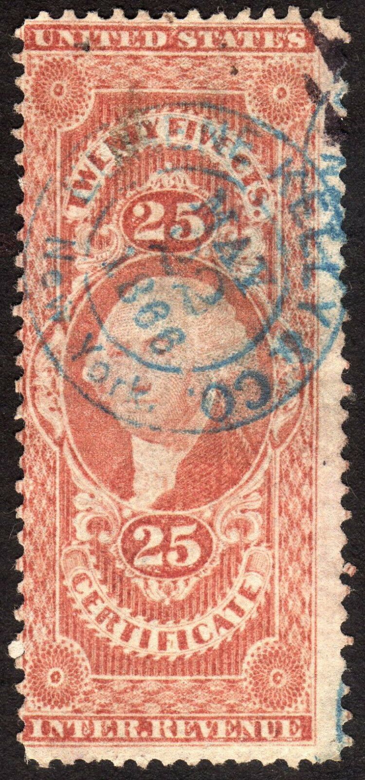 1862, US 25c, Certificate, Used, Blue CDS Sc R44c | United States ...