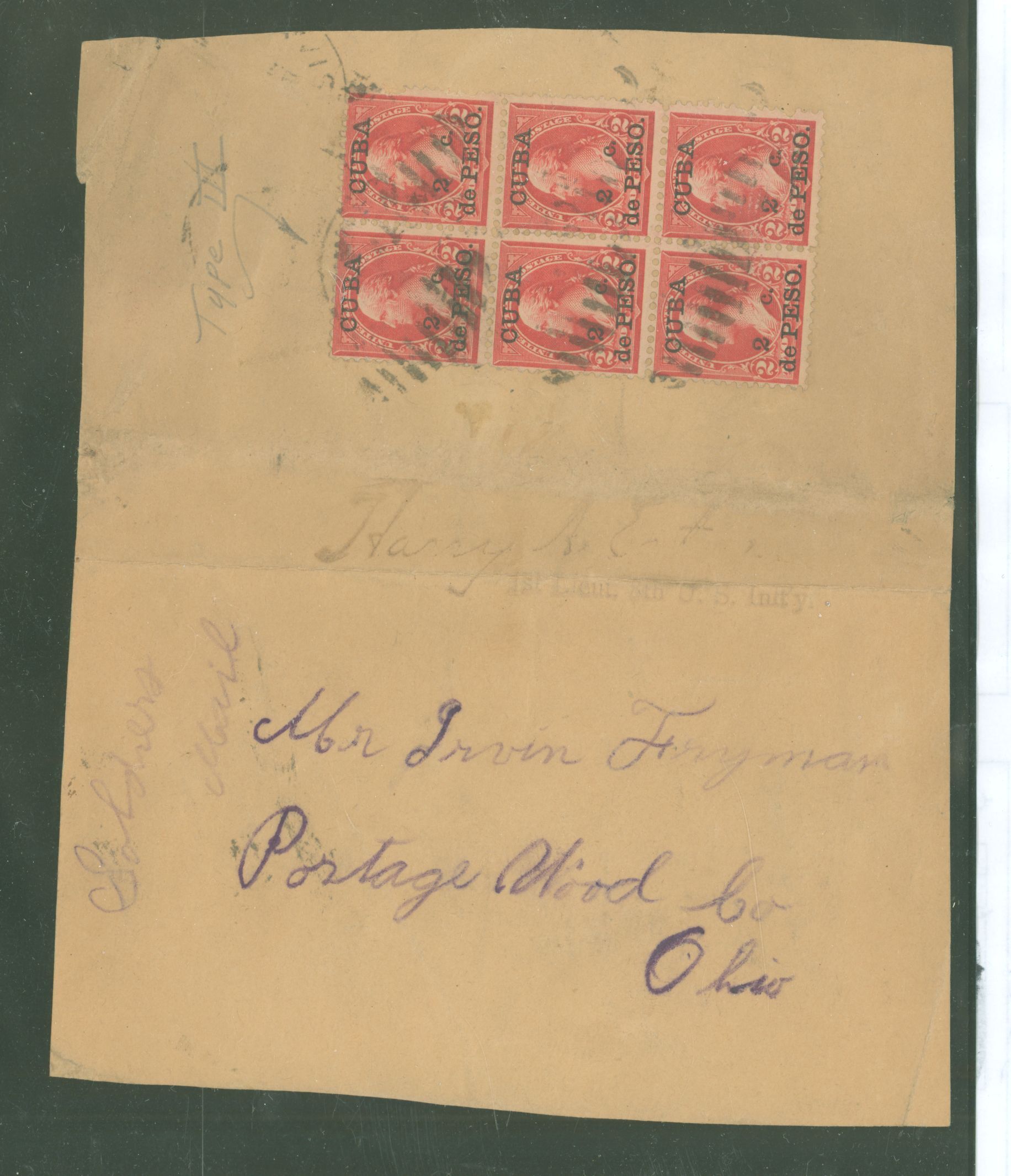 Cuba 222 Scrip note on back, Rec'd. 9.22.99, block of 6 on piece ...