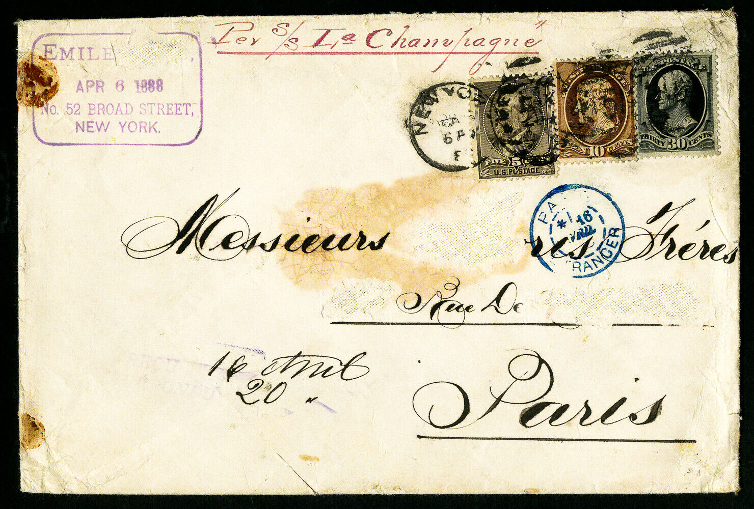 US Stamps # 190 Affixed to Cover to Paris via S.S. Champagne | United ...