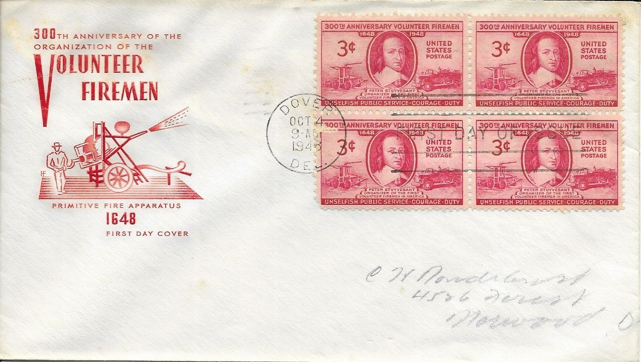 1948 FDC, #971, 3c Volunteer Firemen, House of Farnam, block of 4 ...