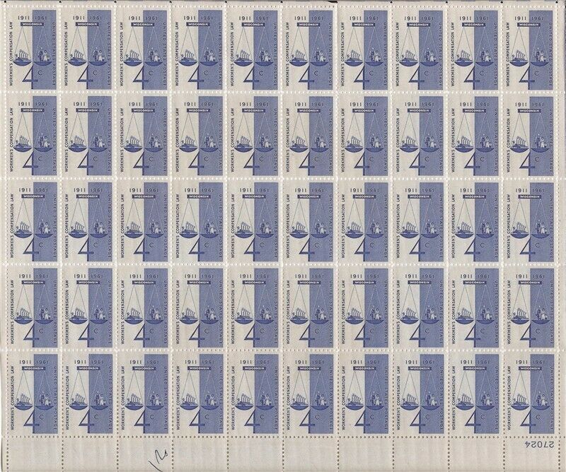 US Stamp 1961 Workmens Comp Scales of Justice 50 Stamp Sheet #1186 ...