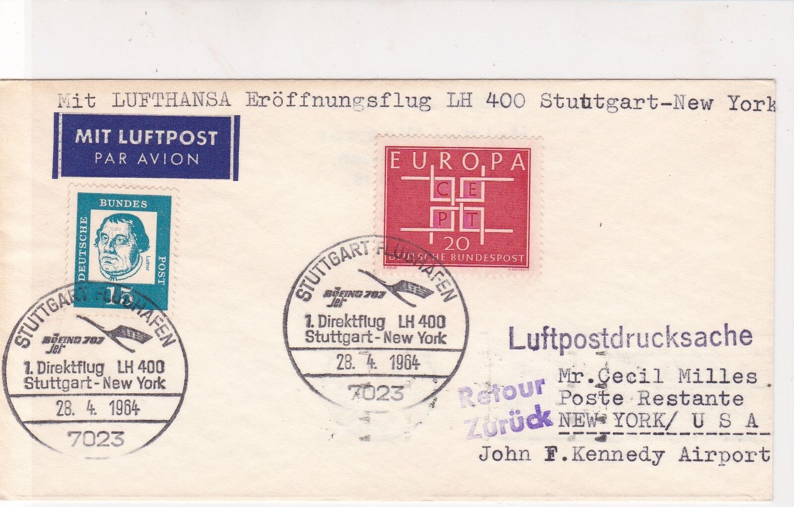 Germany Flight Lufthansa1964 Stuttgart-New York Boeing jet Stamps Cover ...