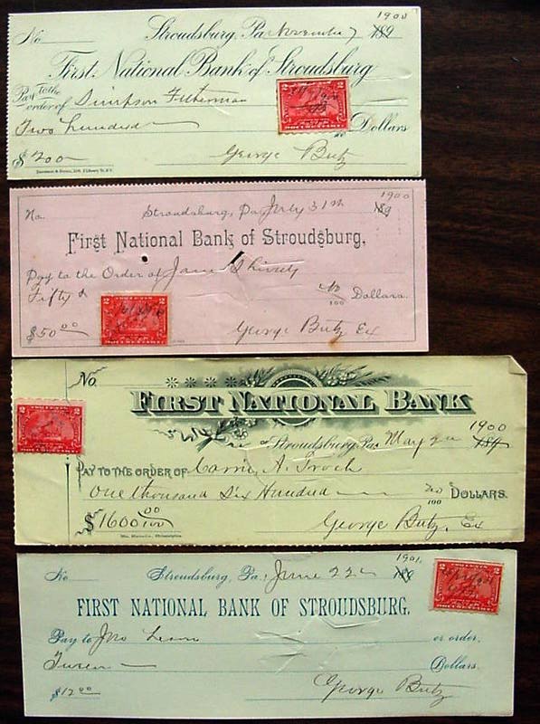 USA, 11 checks and 1 Promissory Note, with Revenue stamps / HipStamp